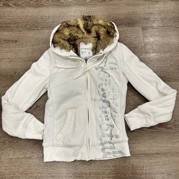 Aéropostale | Tops | Aeropostale Hoodie Small Faux Fur Lined White Zip Up Y2k 200s Sweatshirt ...